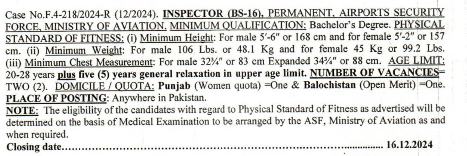 FPSC ASF Inspector Jobs December 2024 Apply Online